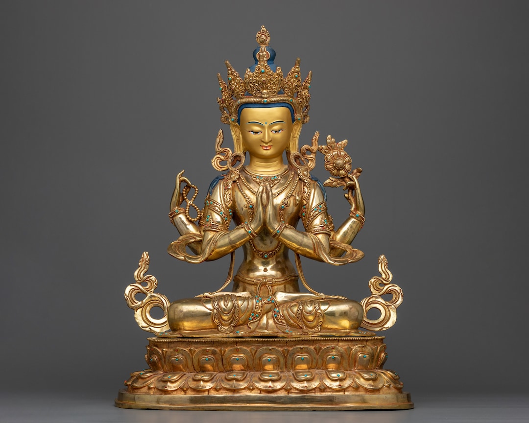 Chenrezig "lokeshwar" Statue - 24K Gold Gilded on Copper, Celebrating Boundless Compassion and ...