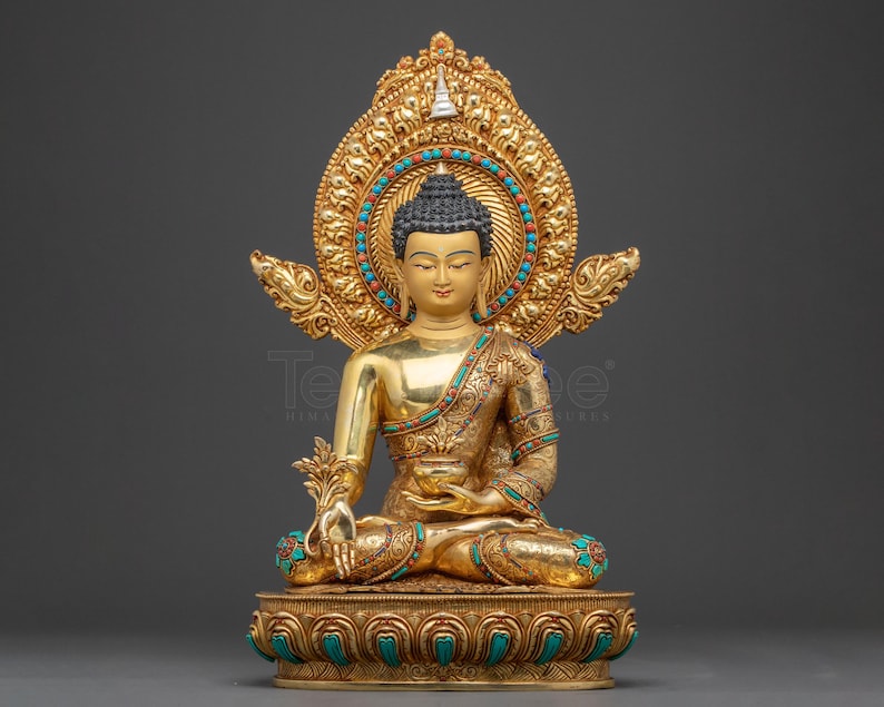Golden Medicine Buddha Statue With Aureole | Handcrafted 24K Gold ...