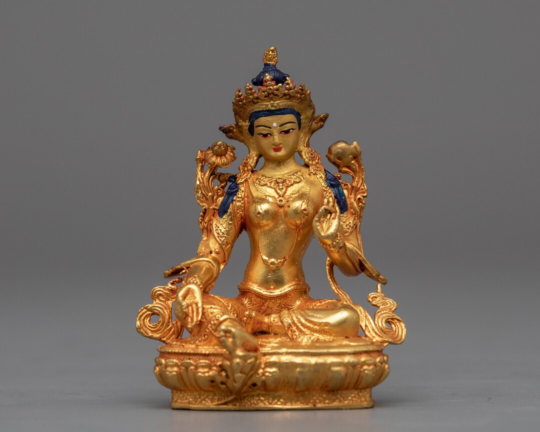 Small Statue of Green Tara | Machine-carved Himalayan Gold Gilded ...