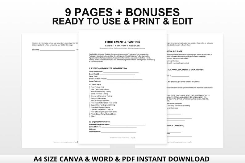 Food Event Waiver Template | Editable Canva Word PDF | Tasting ...