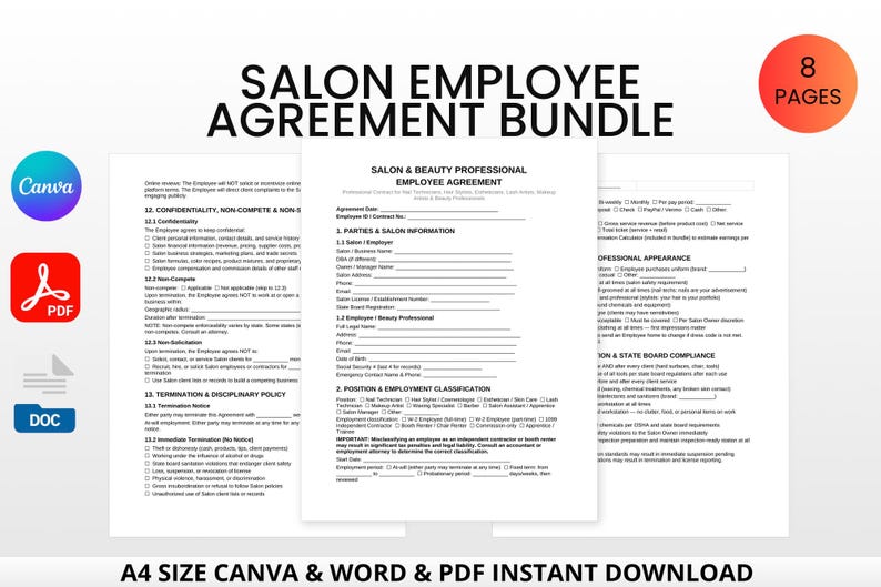 Salon Employee Agreement Bundle | Editable Canva, Word, PDF Contract - Etsy