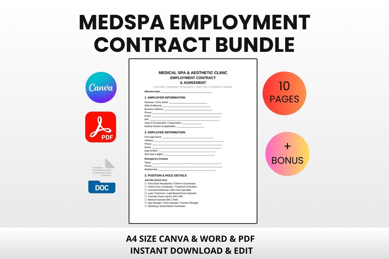 Medical Spa Employment Contract Template | Editable Canva Word PDF ...