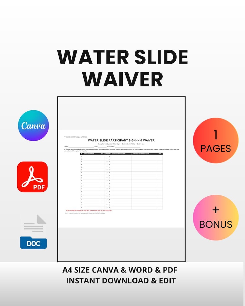 Water Slide Waiver Template | Wet Inflatable Liability, Safety Rules ...