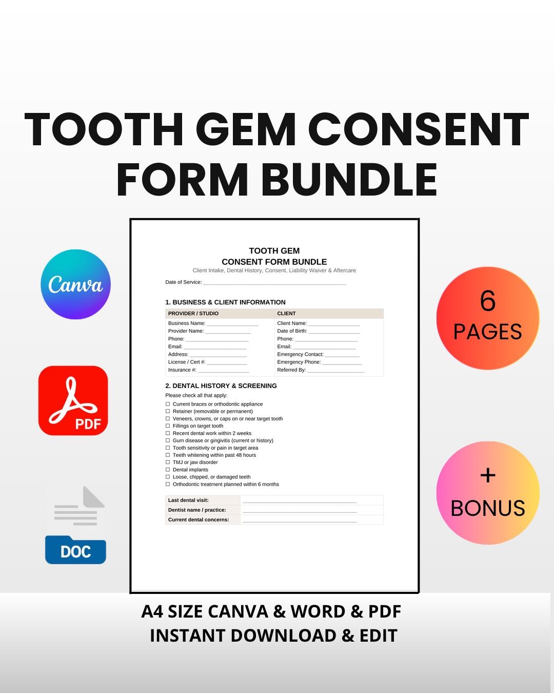 Tooth Gem Consent Form Bundle | Editable Canva Word PDF | Liability ...