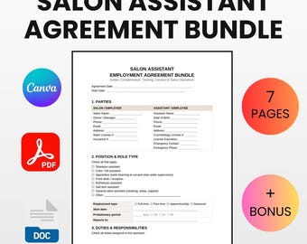 Salon Assistant Agreement Bundle | Editable Canva Word PDF | Hair Salon ...