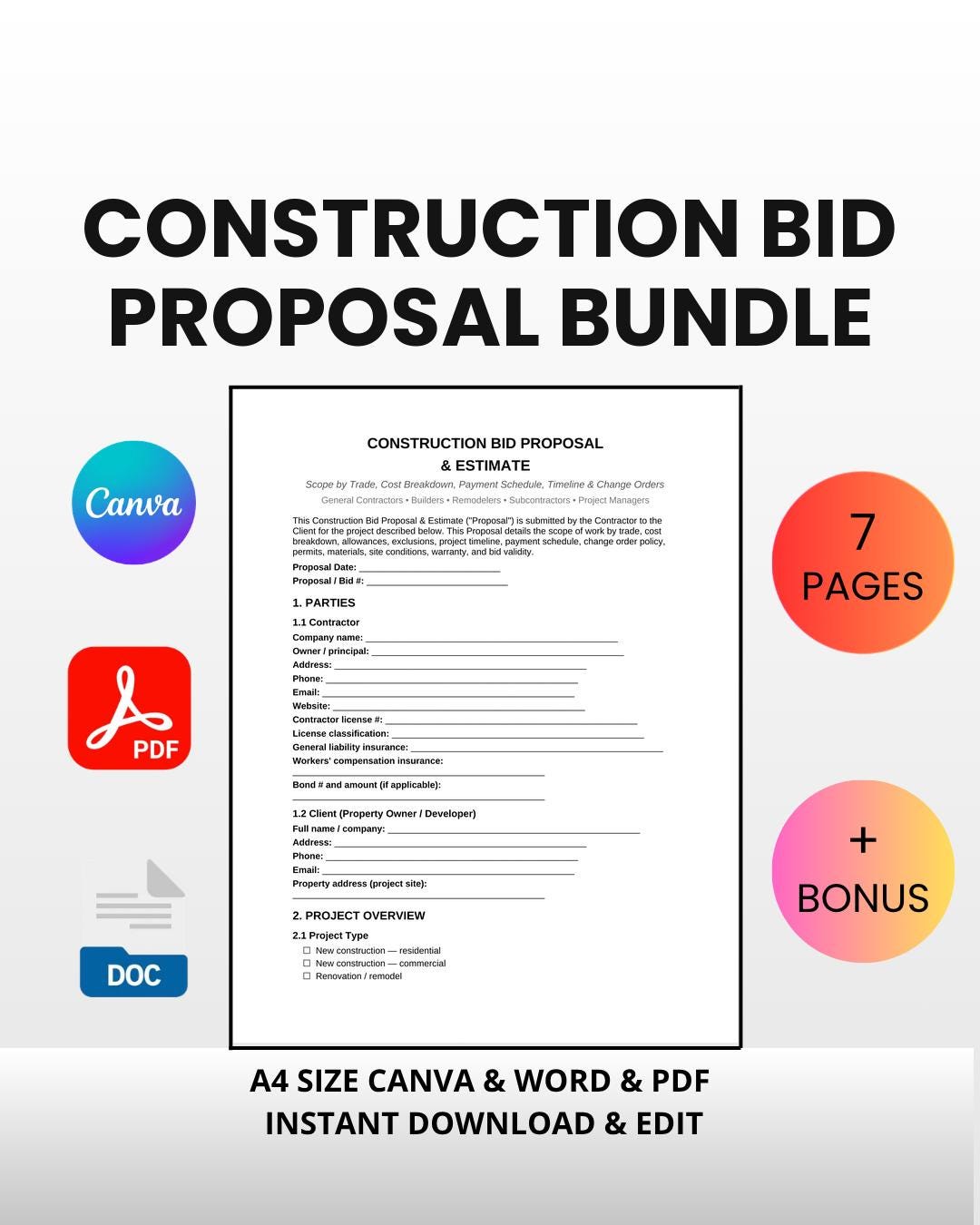 Construction Bid Proposal Bundle | Editable Canva Word PDF | Contractor ...