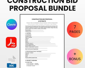 Construction Bid Proposal Bundle | Editable Canva Word PDF | Contractor ...