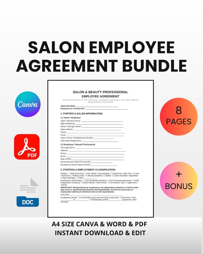 Salon Employee Agreement Bundle | Editable Canva, Word, PDF Contract - Etsy