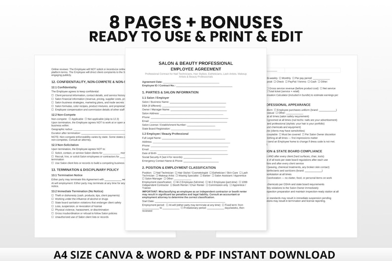Salon Employee Agreement Bundle | Editable Canva, Word, PDF Contract - Etsy