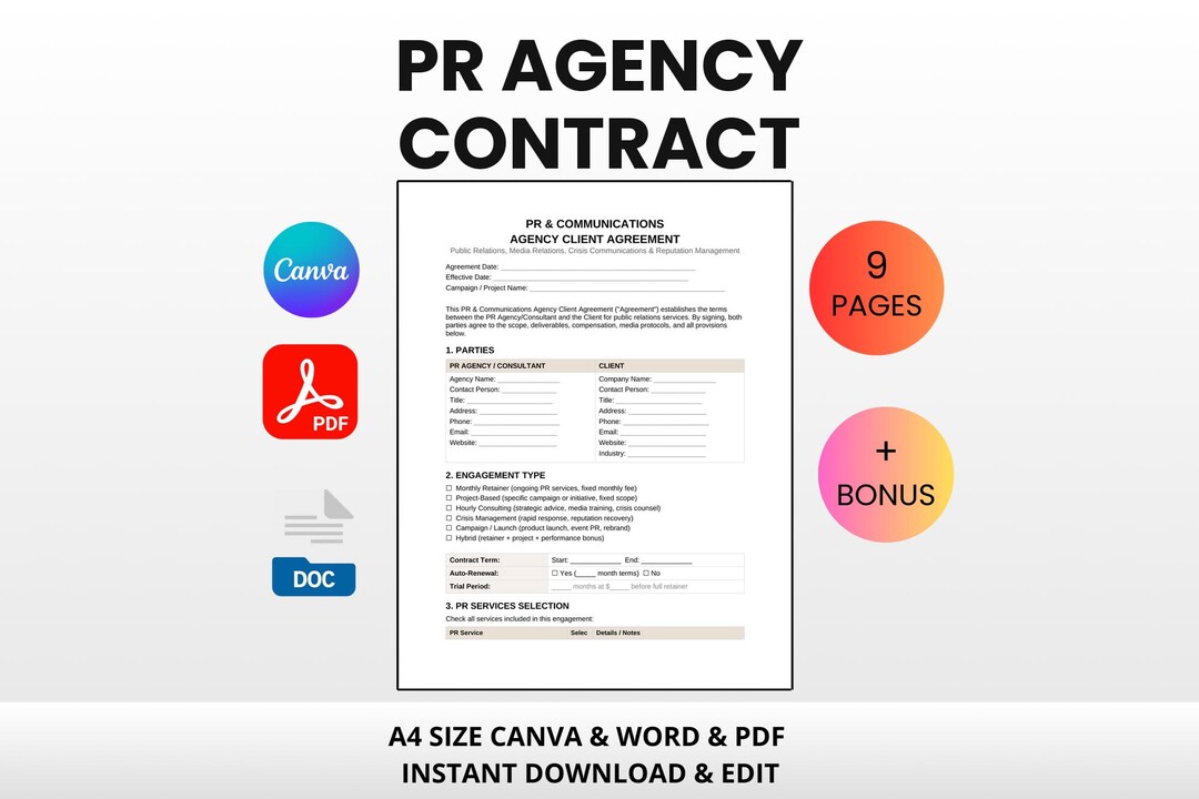 PR Agency Contract Template | Editable Canva Word PDF | Public ...