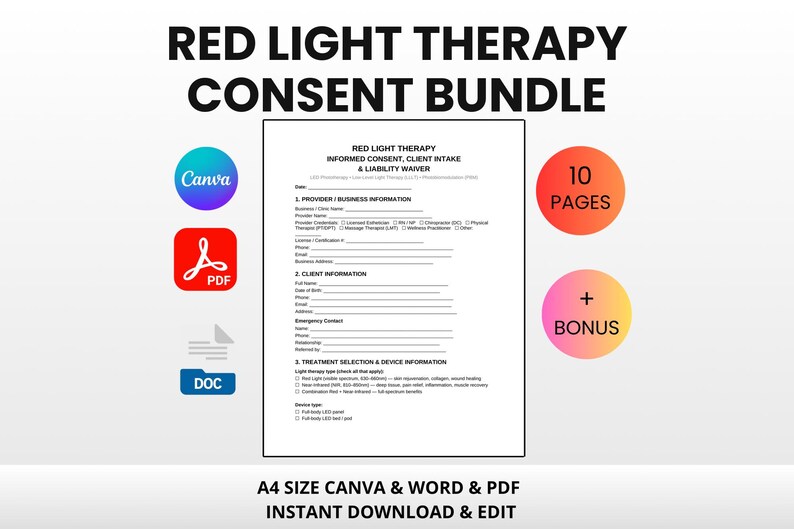 Red Light Therapy Consent Form Template | Editable Canva Word PDF | LED ...