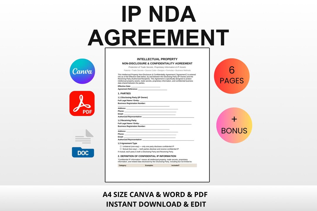 IP NDA Template | Editable Canva Word PDF | Intellectual Property Non ...