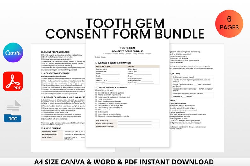 Tooth Gem Consent Form Bundle | Editable Canva Word PDF | Liability ...