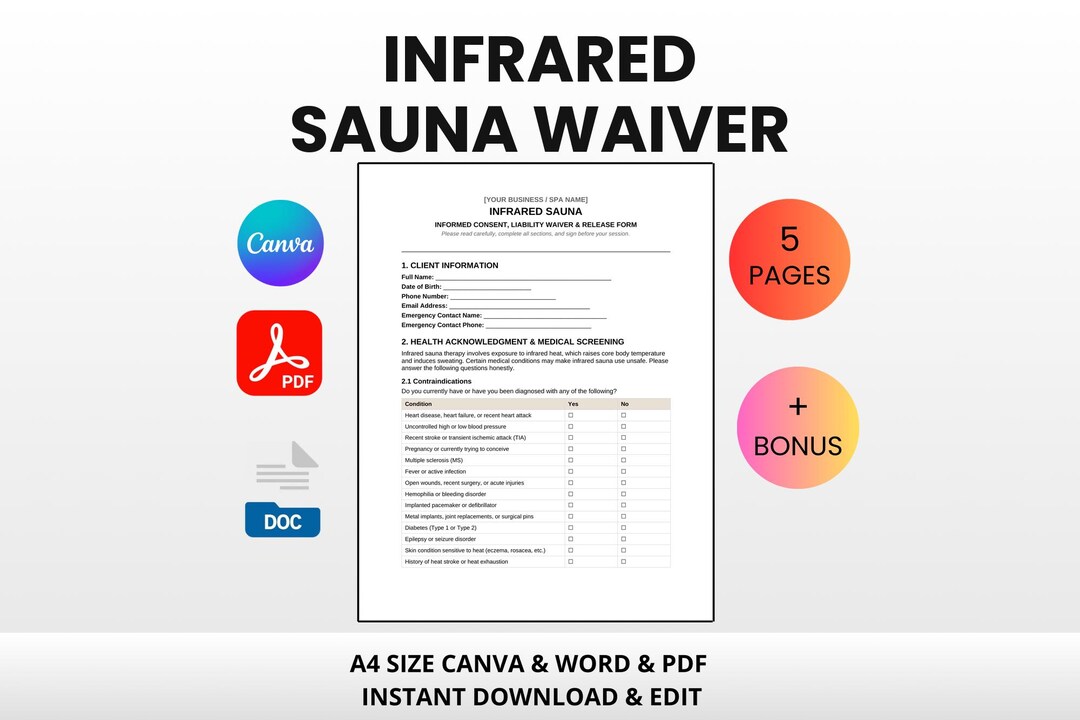 Infrared Sauna Waiver Bundle Consent Form Template | Editable Canva ...