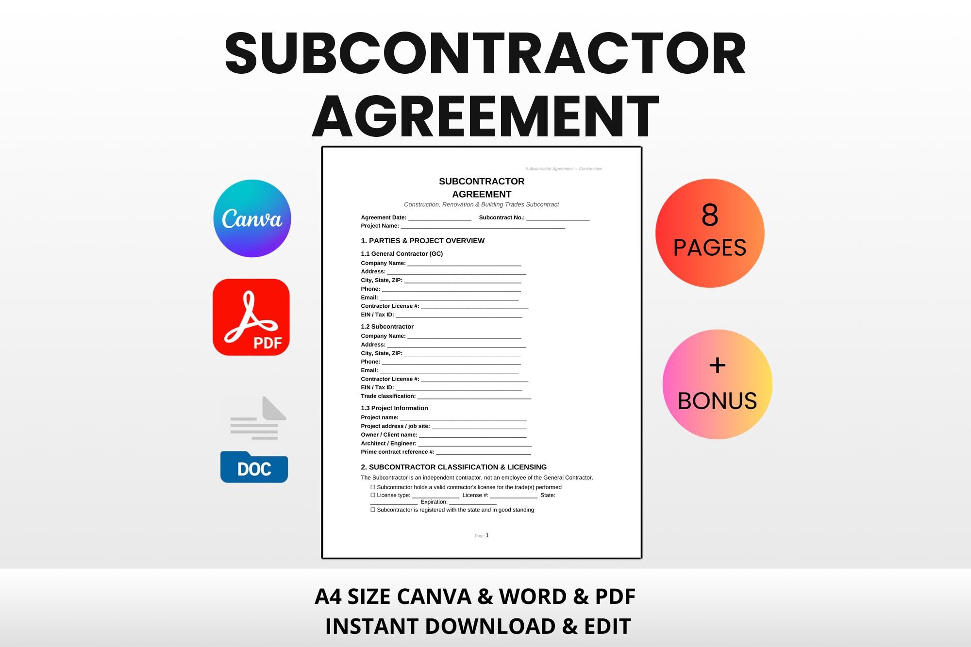 Subcontractor Agreement Template | Editable Canva Word PDF ...