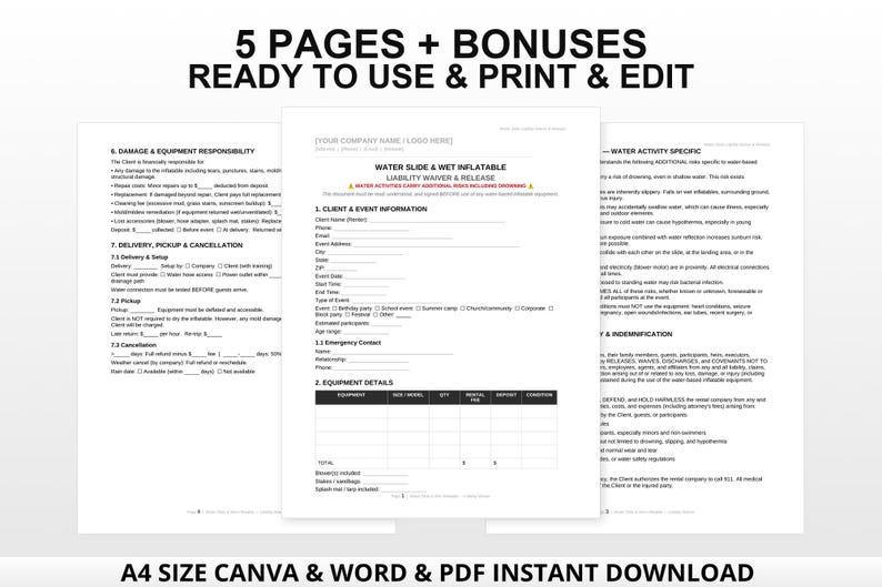 Water Slide Waiver Template | Wet Inflatable Liability, Safety Rules ...