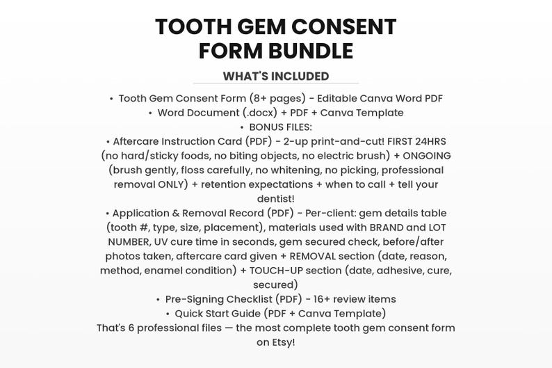 Tooth Gem Consent Form Bundle | Editable Canva Word PDF | Liability ...