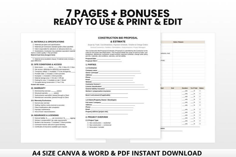 Construction Bid Proposal Bundle | Editable Canva Word PDF | Contractor ...