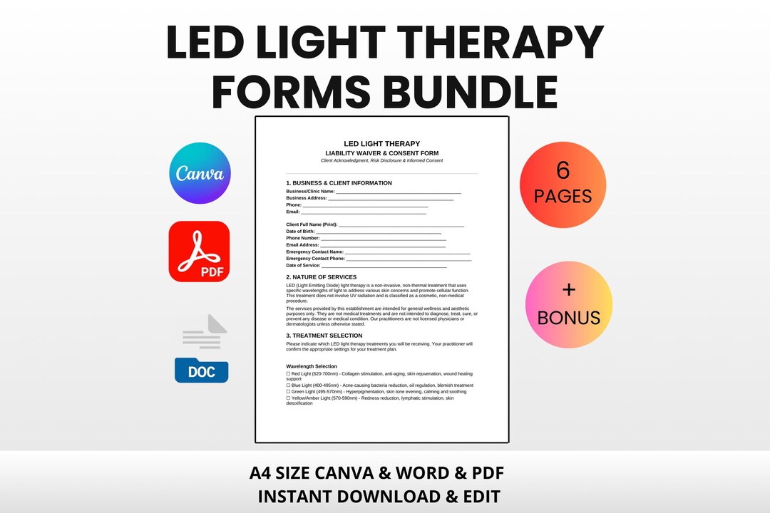 LED Light Therapy Forms Bundle | Editable Canva Word PDF | Liability ...