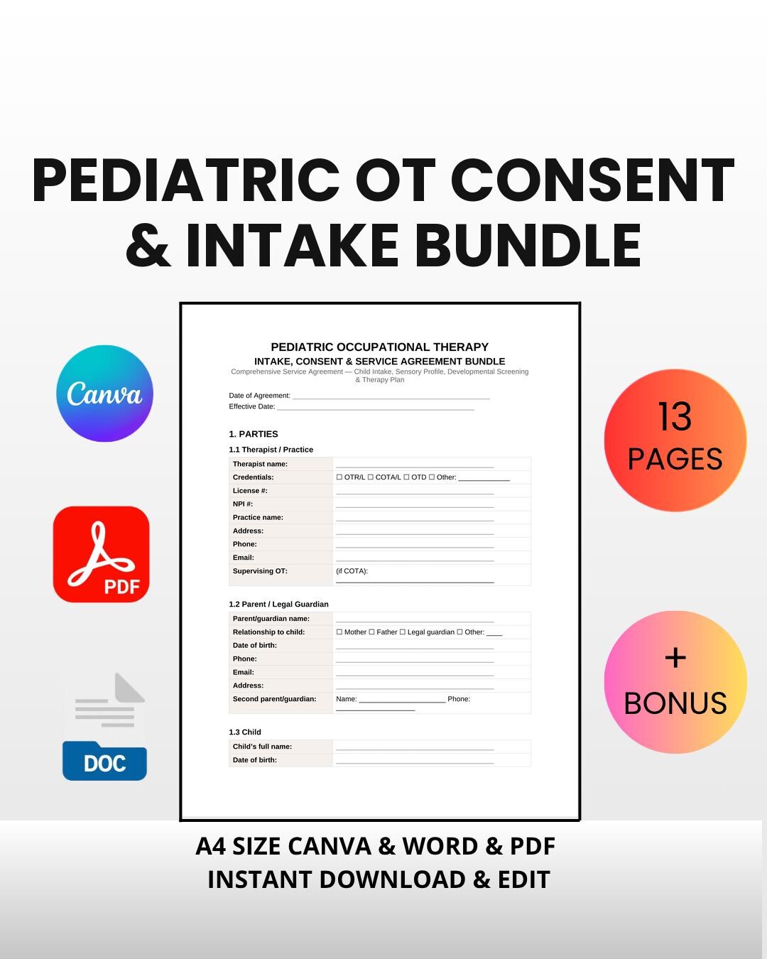 Pediatric OT Consent & Intake Bundle | Occupational Therapy Agreement ...