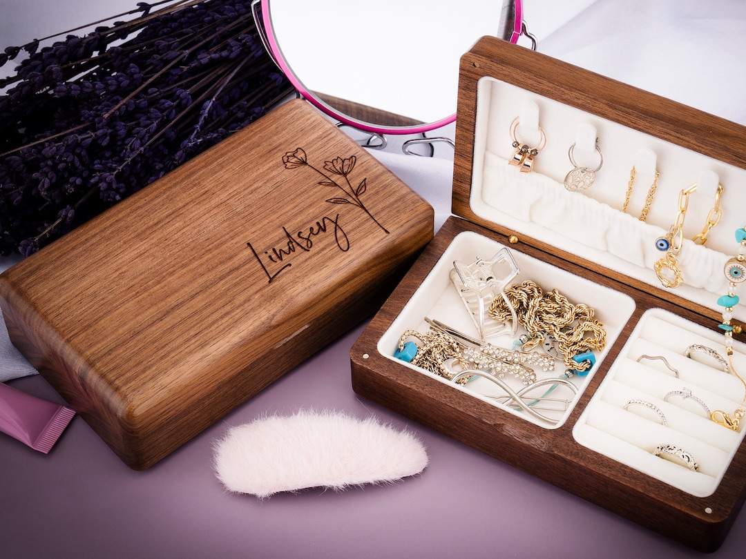 Personalized Jewelry Box Organizer, Custom Engraved Wood Jewelry Box ...
