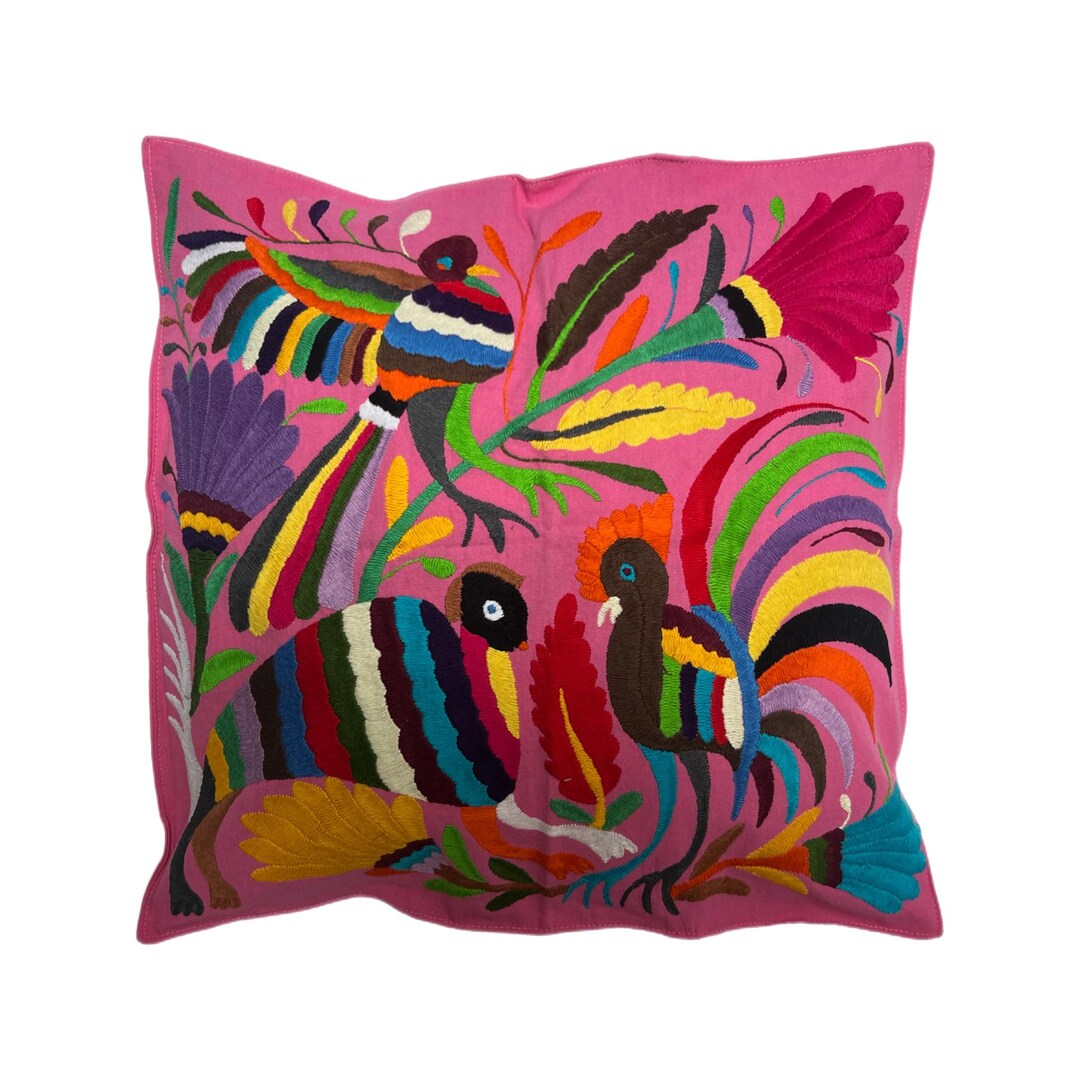 Pink Hand Embroidered Mexican Otomi Pillow Cover, 18" X 18" (45cm X ...