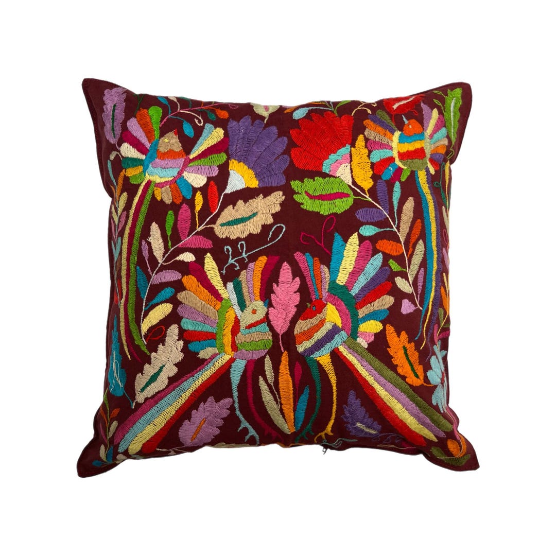 Purple Mexican Otomi Tenango Hand Embroidered Pillow Cover, 18" X 18 ...