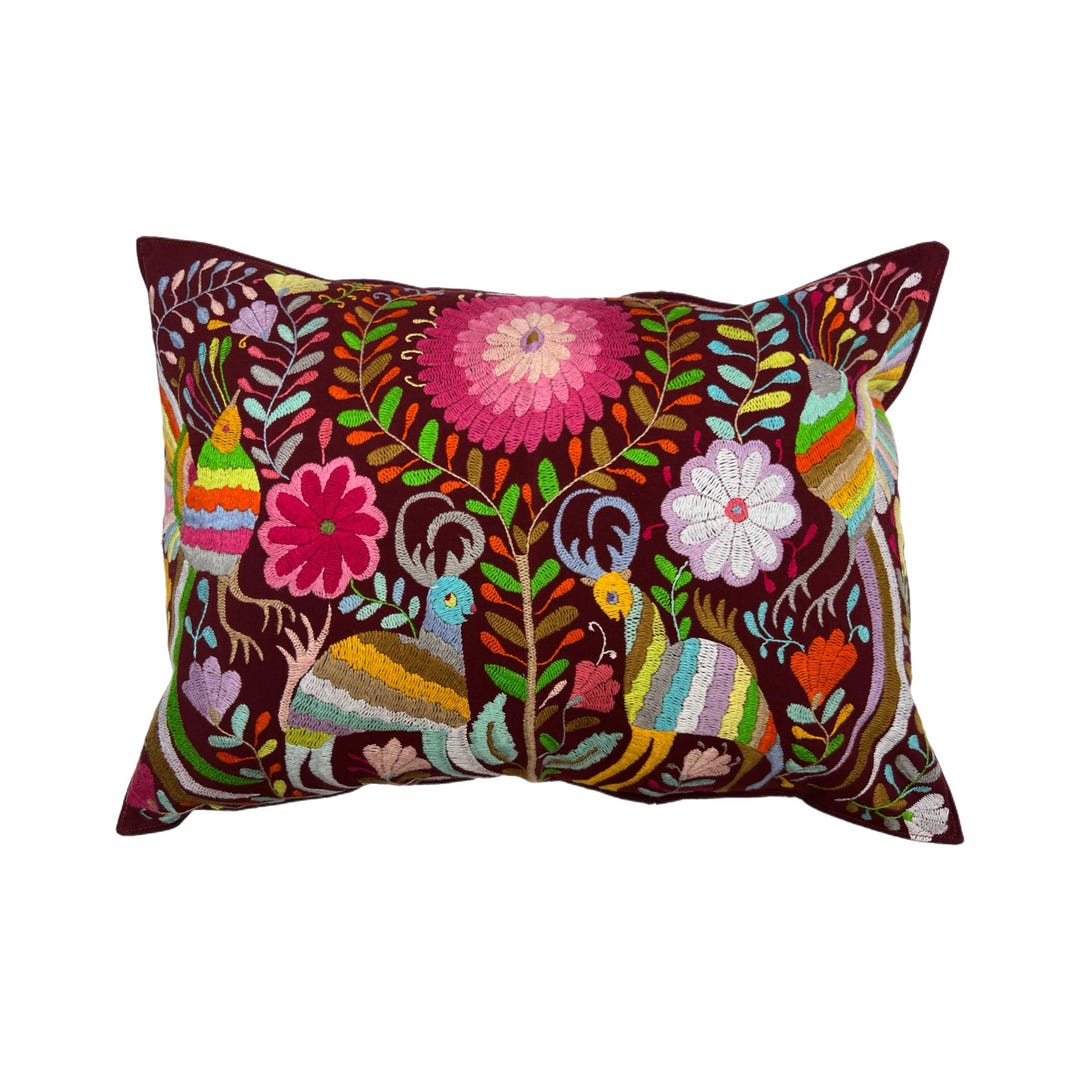 Purple Mexican Otomi, Hand Embroidered Tenango Cushion Cover, 22 X 17 ...