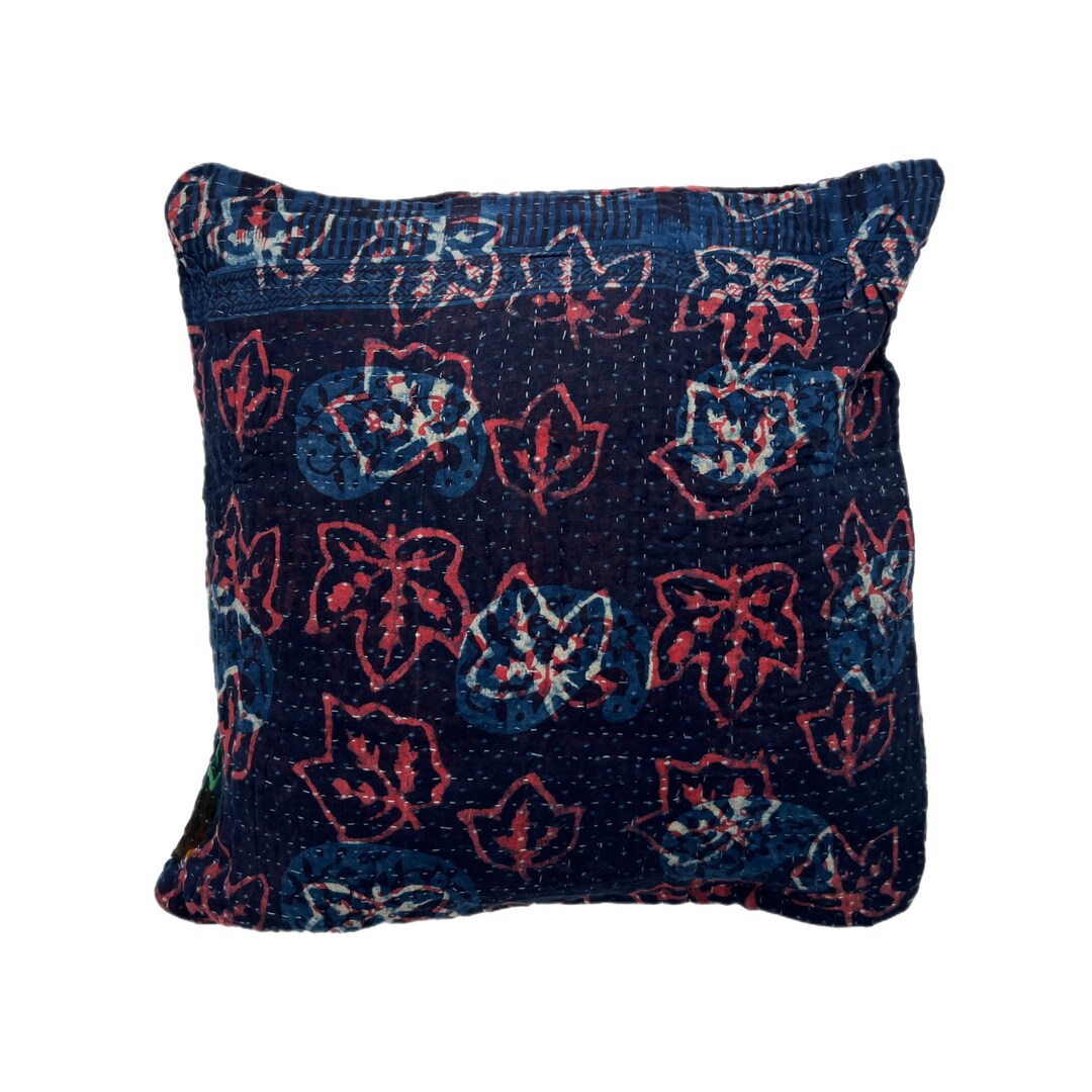 Indigo Block Print Kantha Vintage Indian Handmade Cushion Cover, 40cm X ...