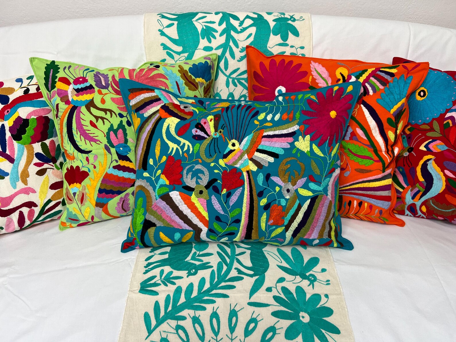 Blue Mexican Otomi, Hand Embroidered Tenango Cushion Cover, 22 X 17 ...