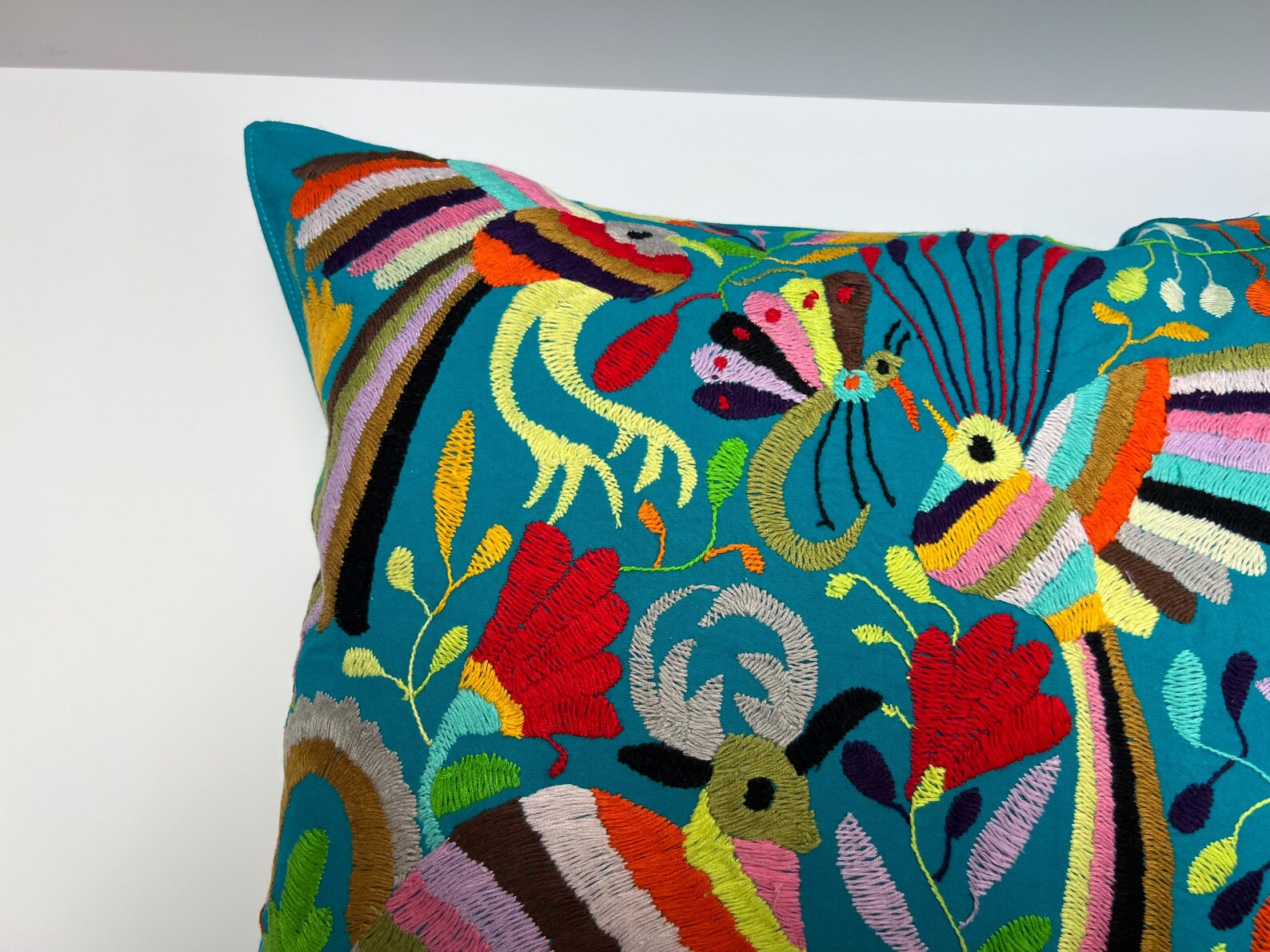 Blue Mexican Otomi, Hand Embroidered Tenango Cushion Cover, 22 X 17 ...