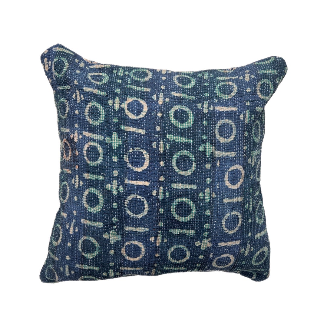 Indigo Block Kantha Vintage Print Indian Handmade Cushion Cover, 45cm X ...