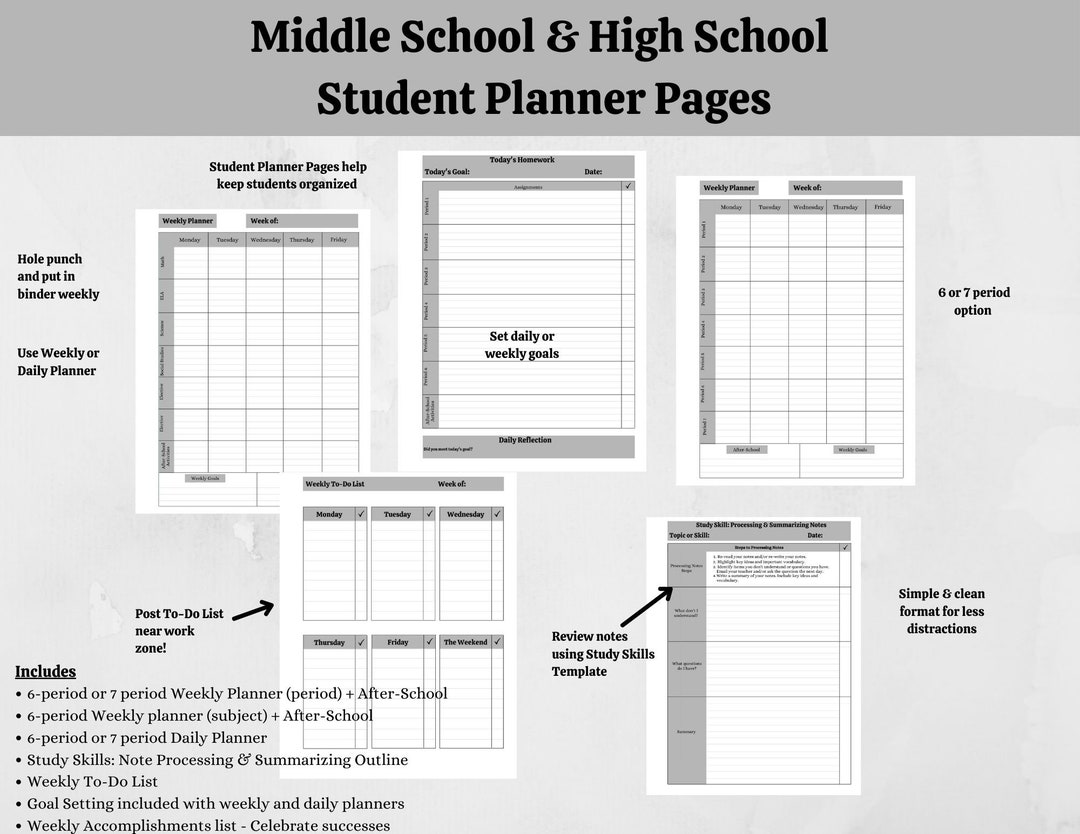 Middle School Student Planner Pages/high School Student Planner Pages ...