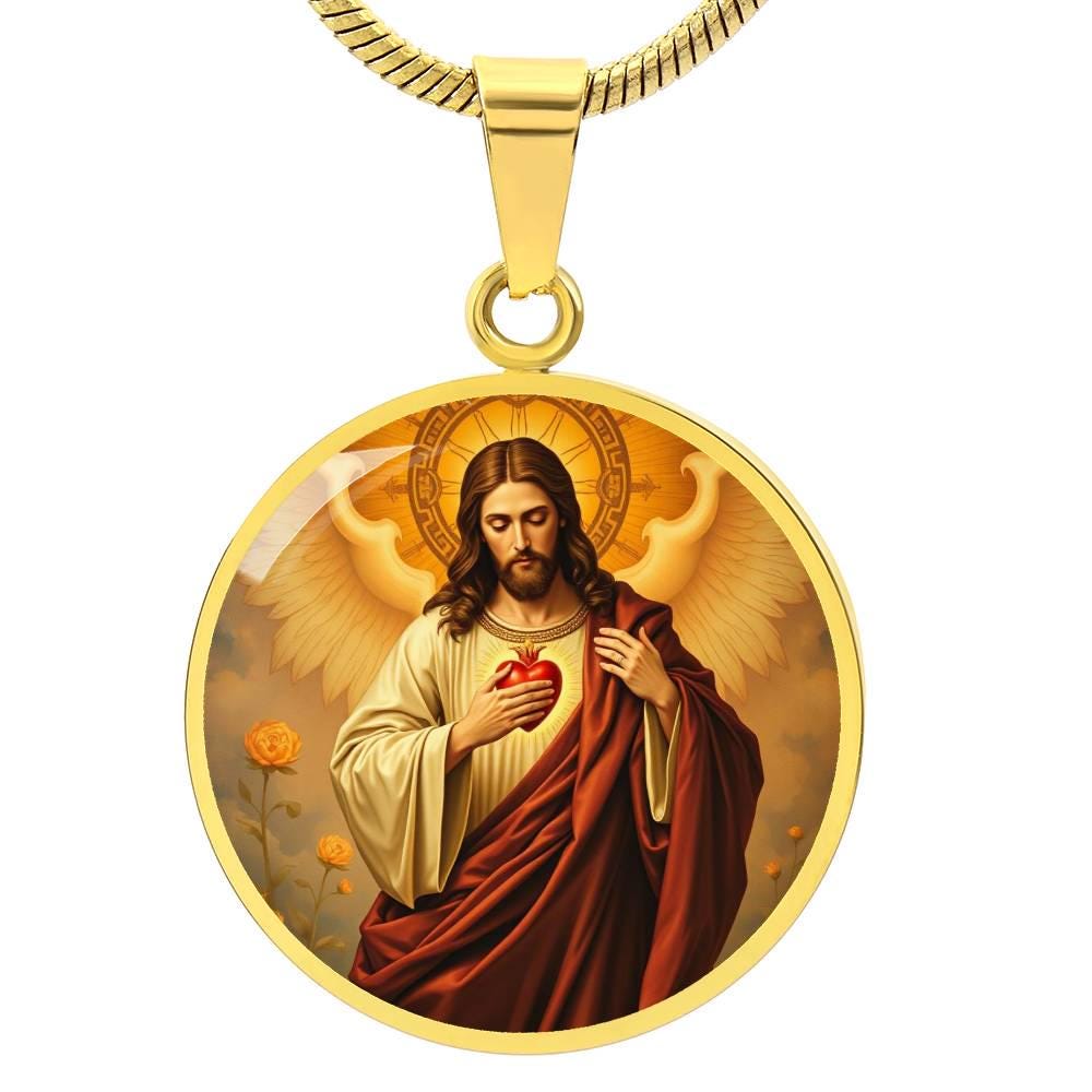 18K Gold Jesus Necklace Sacred Heart of Jesus Christ Gold and Stainless ...