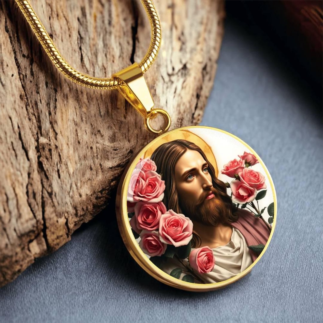 18k Gold Plated Jesus Necklace – Jesus Christ Icon With Roses – Gold ...