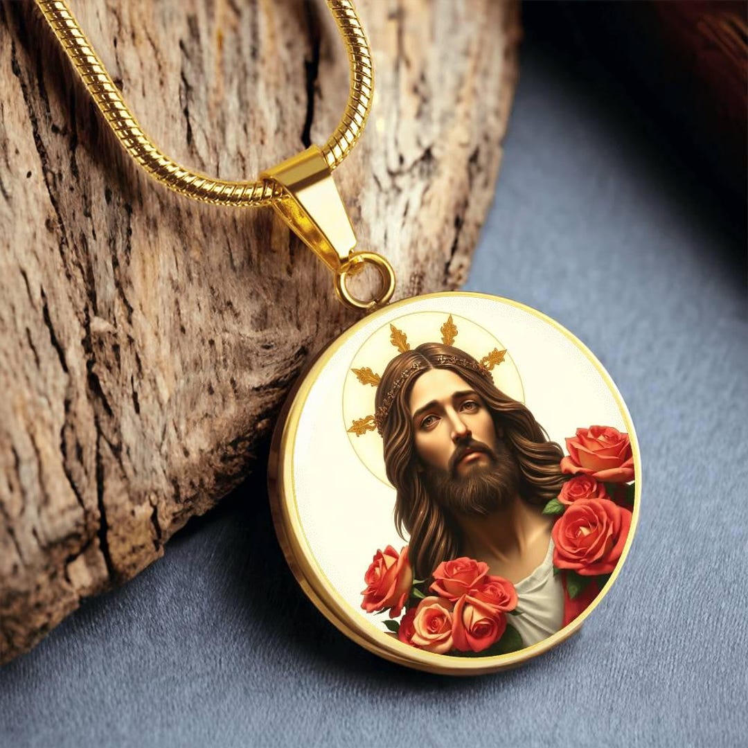 Jesus Necklace Jesus Christ Icon With Roses Gold Jesus Necklace ...