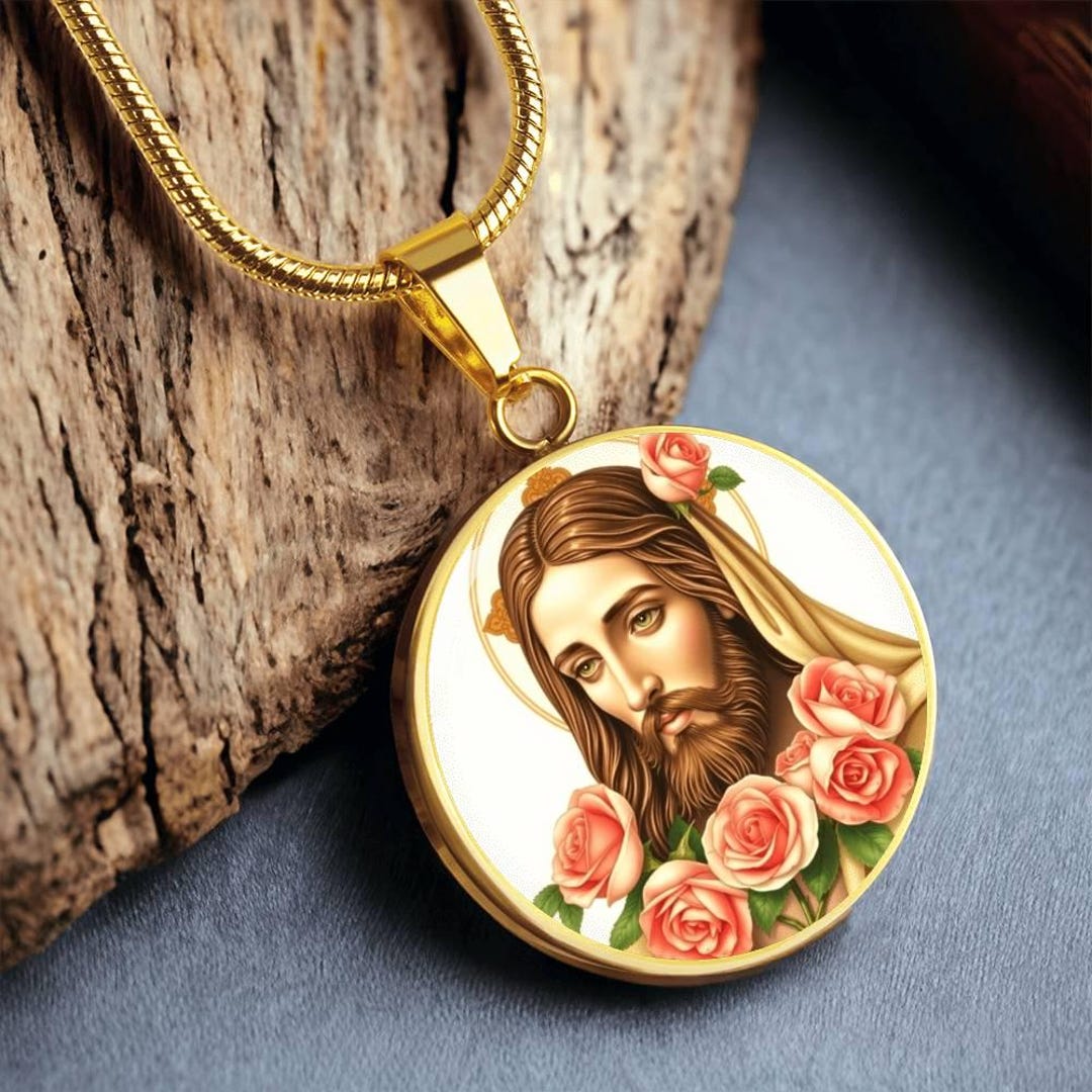 Jesus Necklace Jesus Christ Icon With Roses Gold Jesus Necklace ...