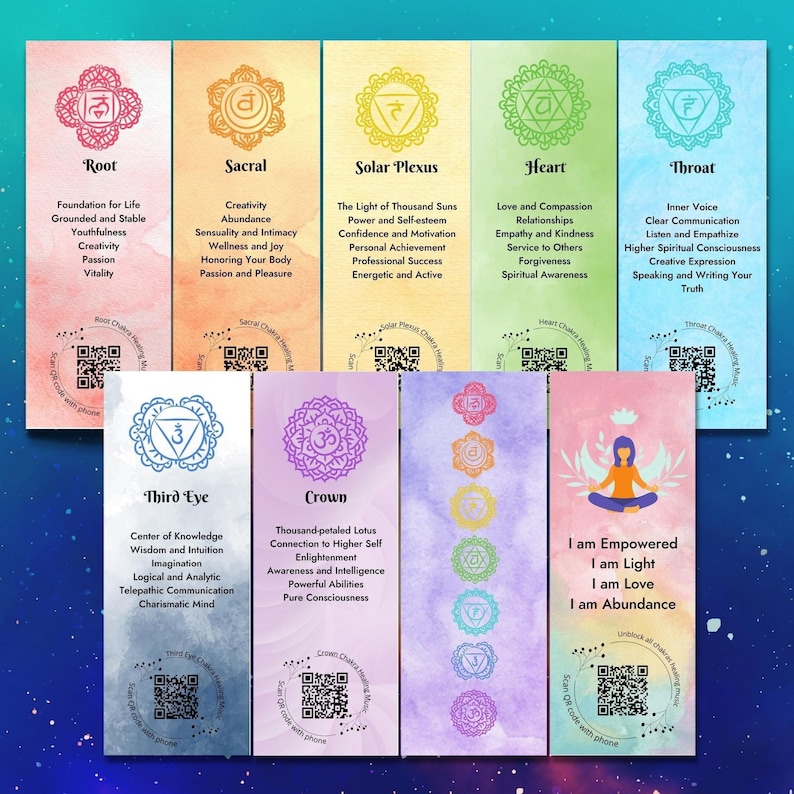 Chakra Printable Bookmarks Set Positive Affirmations Healing Cards With ...
