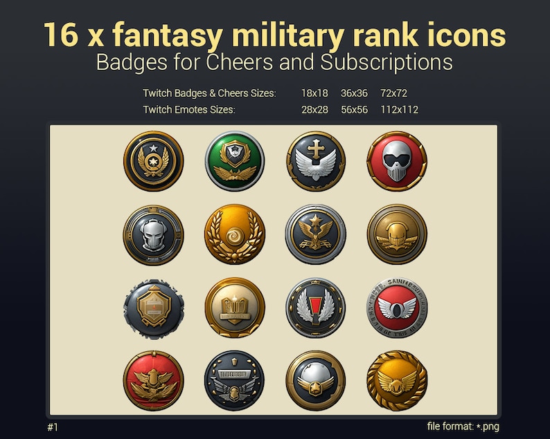 16 X Fantasy Military Rank Icons for Cheers and Subscriptions on Twitch ...