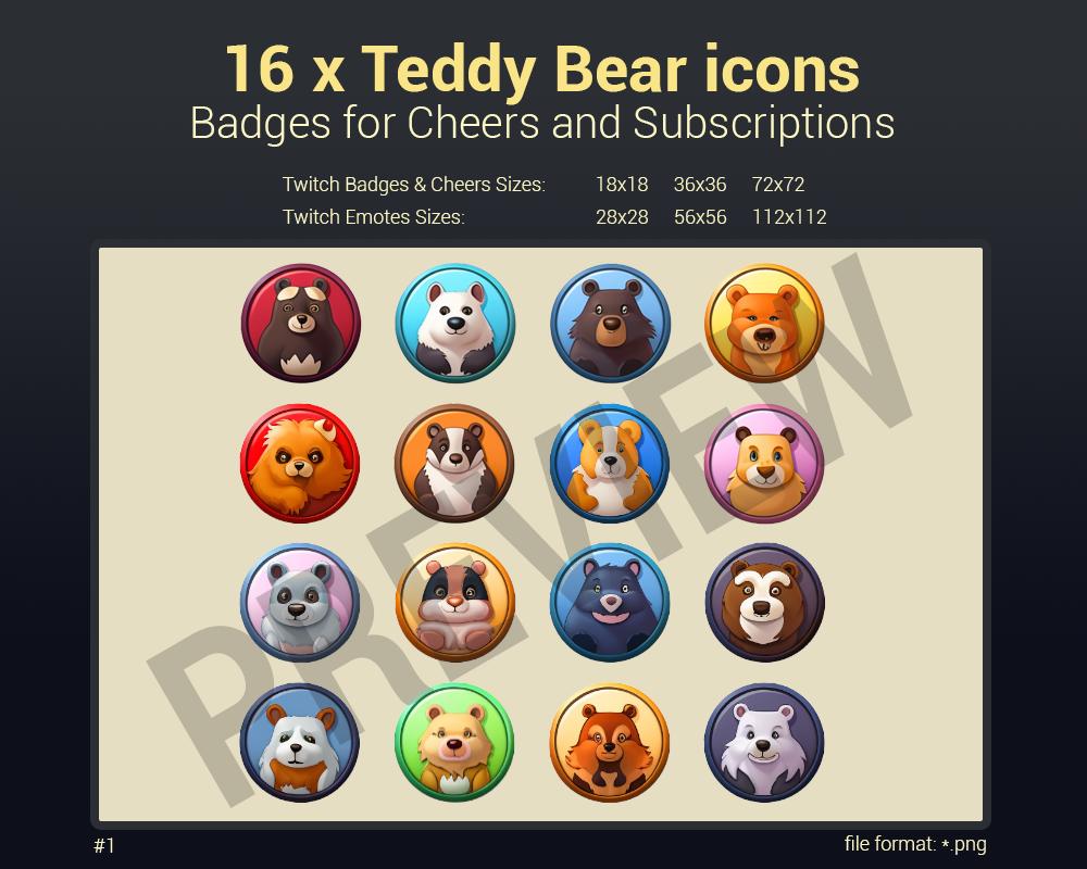 16 X Teddy Bear Icons for Cheers and Subscriptions on Twitch. Sizes ...