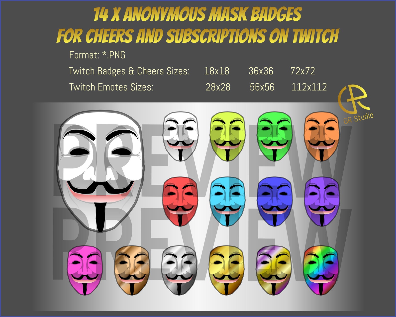 14 x Anonymous Mask Badges for Cheers and Subscriptions on Twitch ...
