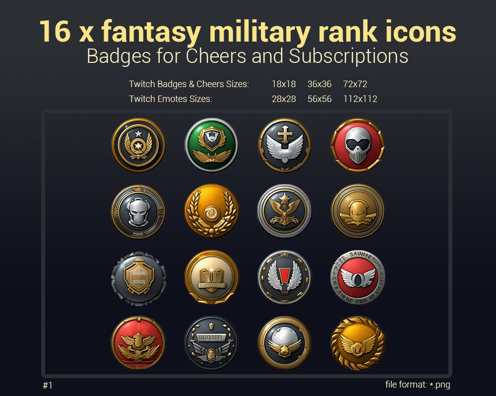 16 X Fantasy Military Rank Icons for Cheers and Subscriptions on Twitch ...