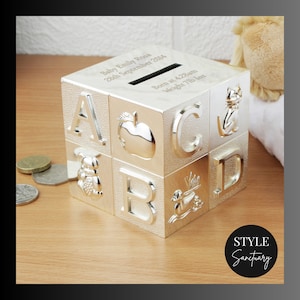 Personalised Silver ABC Money Box - Engraved With Name Date or Special ...