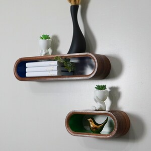 Colorful Mid-century Modern Curved Floating Shelves | Bent Wood Shelves ...