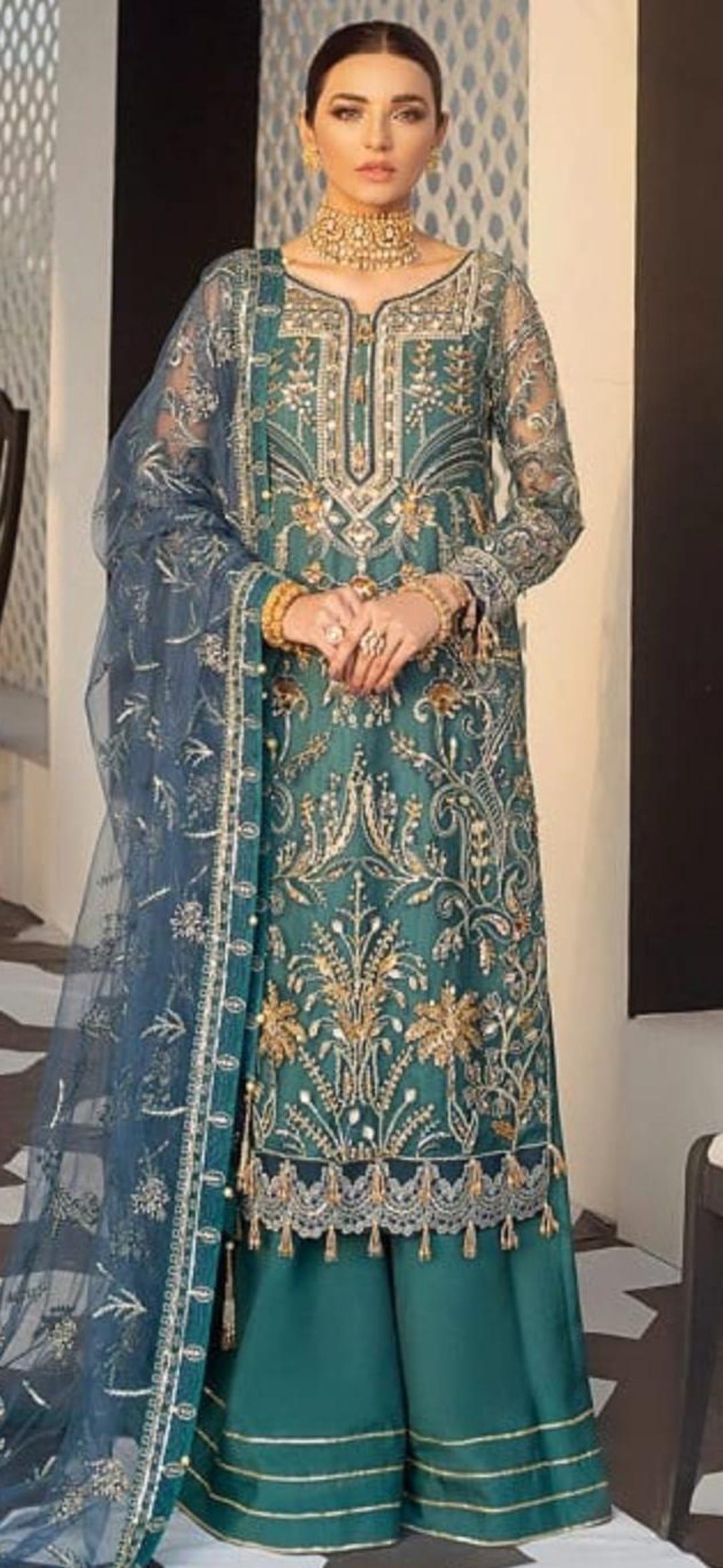 Pakistani Wedding Dress Salwar Kameez Net Embroidery Plazo Kurti Outfit ...