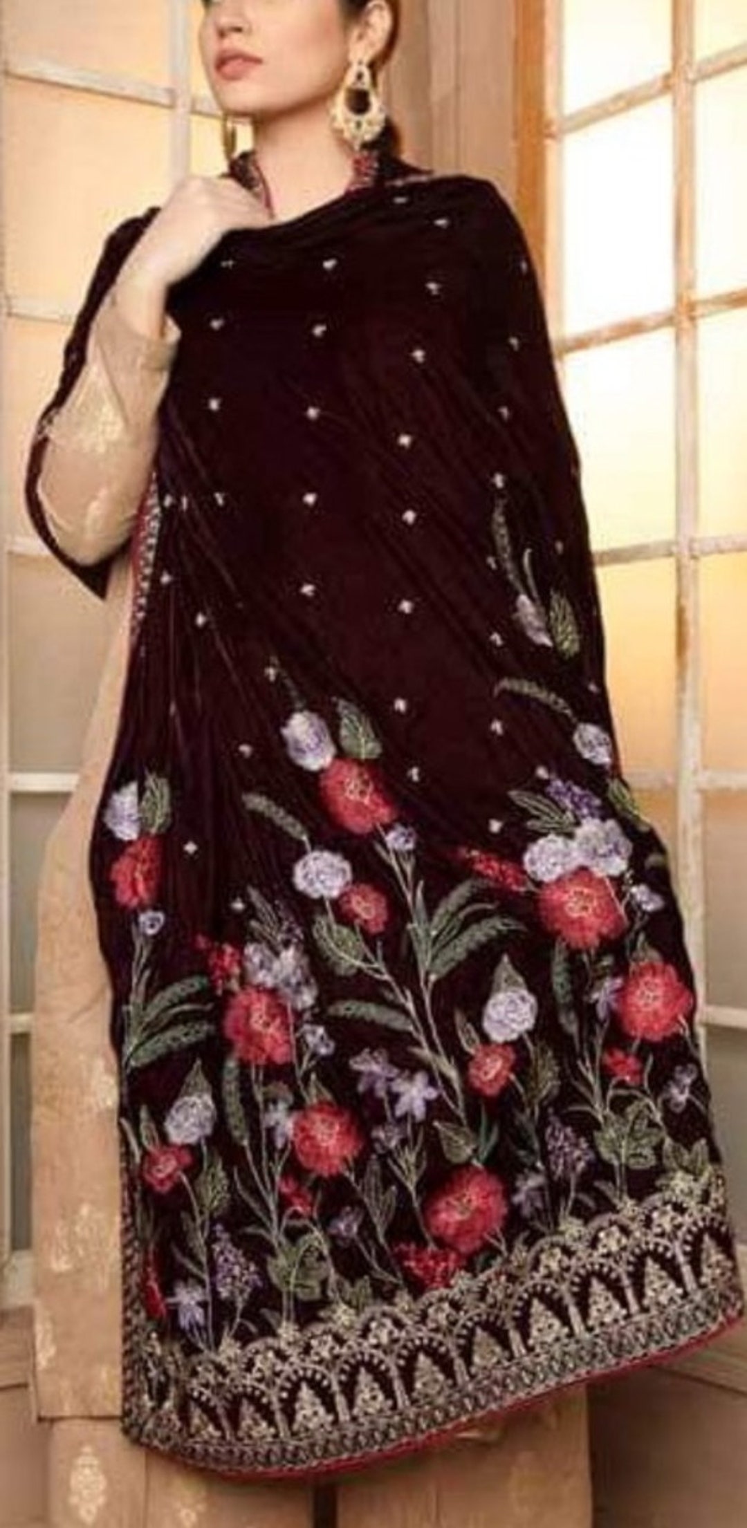 Women Velvet Embroidered Shawl Wrap Long Wide Stylish Pakistani Arabic ...