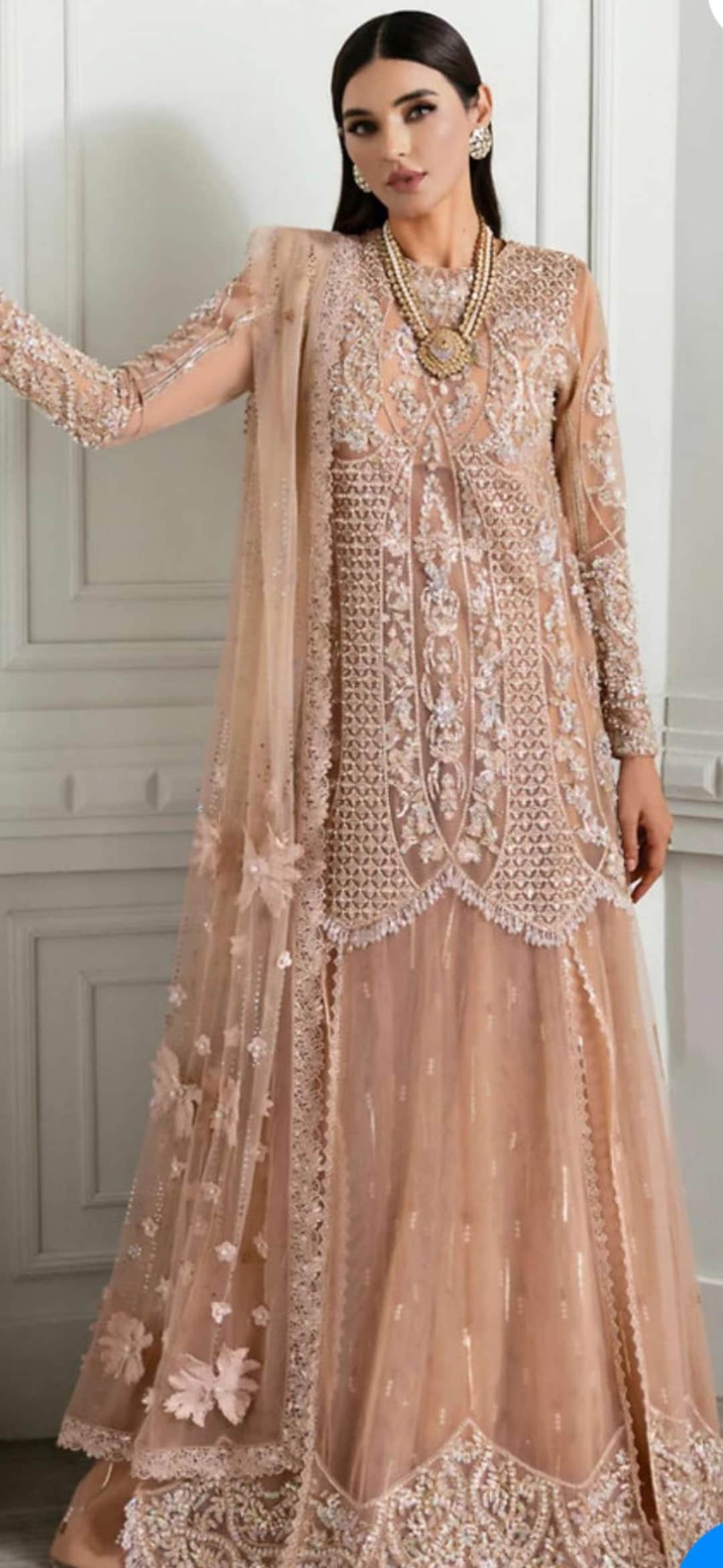 Pakistani Kurti Lengha Net Heavy Embroidery Outfit With Long Dupatta ...