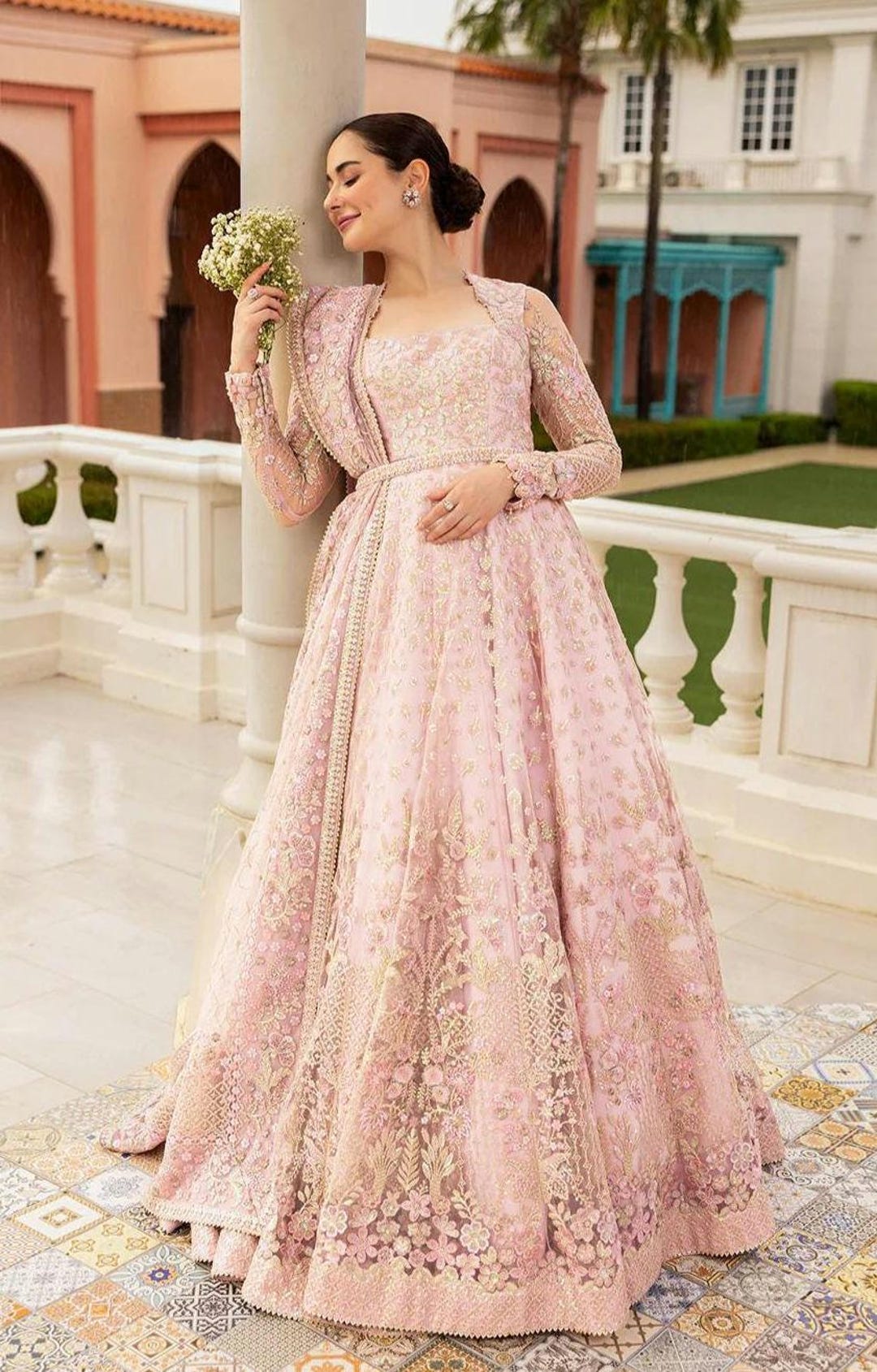Pakistani Wedding Maxi Dress: Dull Pink Net Embroidery, Custom Made - Etsy
