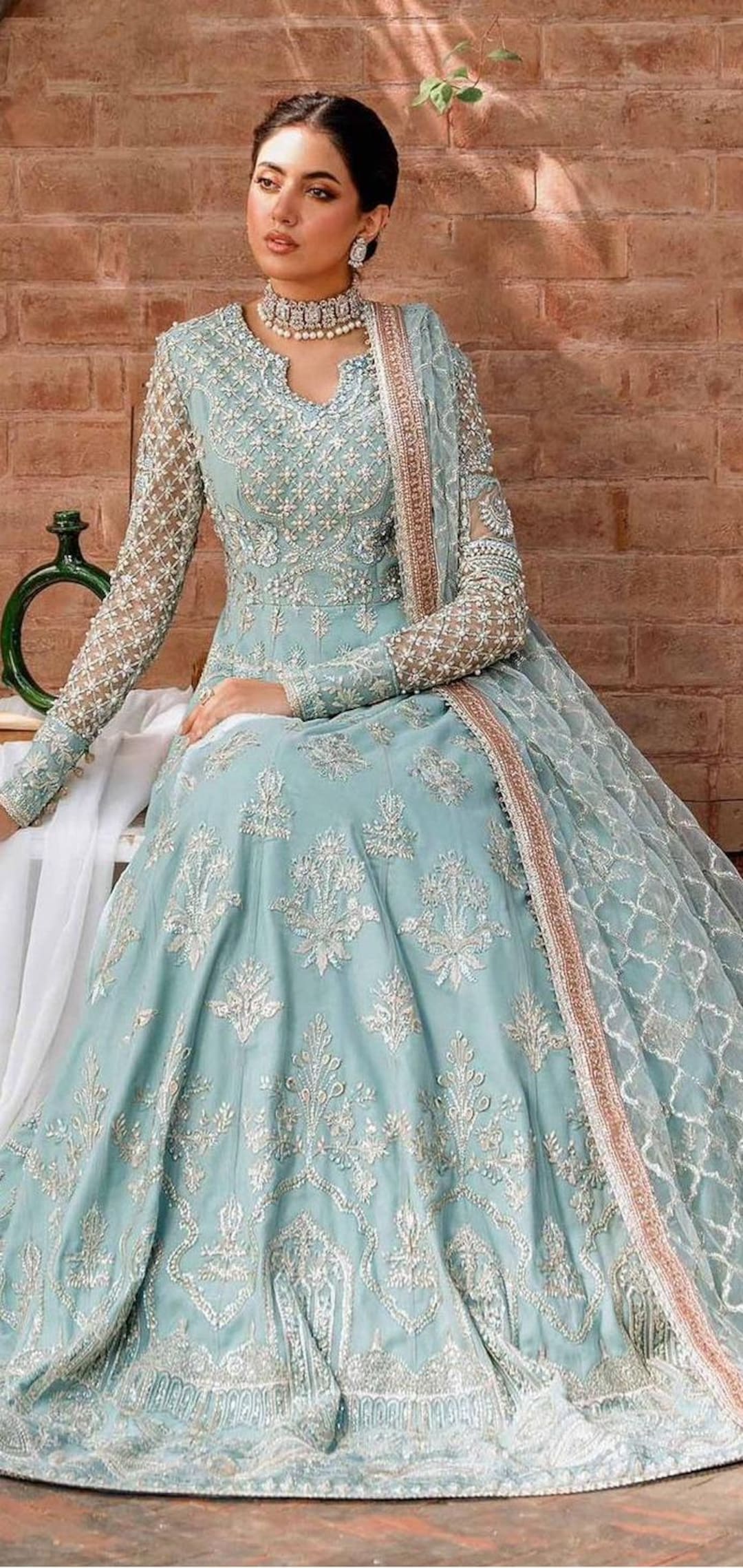 Pakistani Wedding Dress Salwar Kameez Light Skygreen Colored Net ...