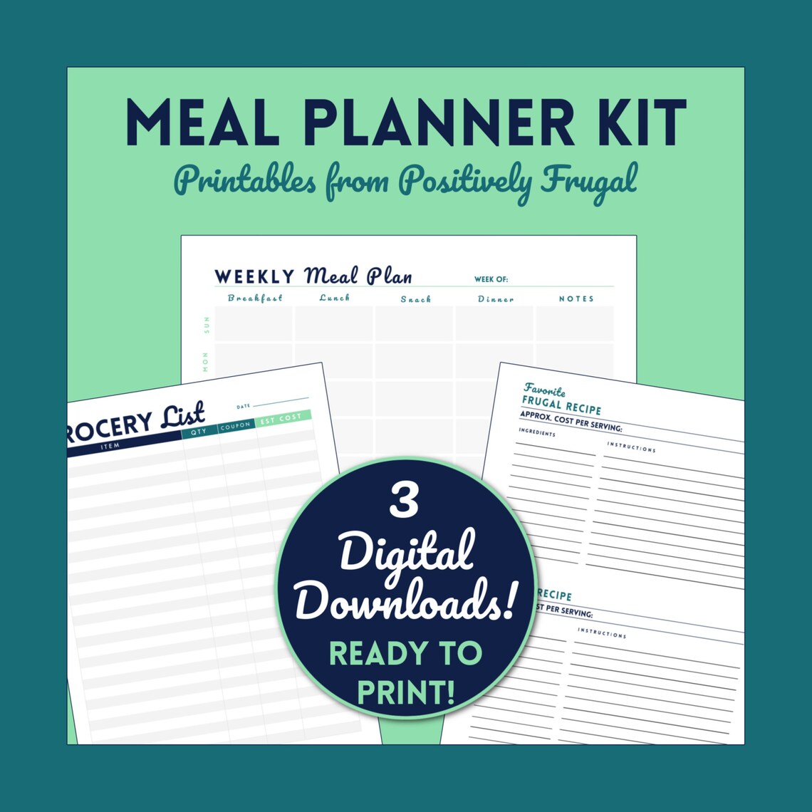 Meal Planner Kit Digital Download, Meal Plan Calendar, Grocery List ...